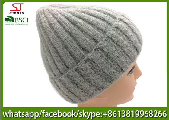 Chinese manufactuer knitting stripe beanie winter hats 45%cony hair 15%wool 40%Acrylic104g 20*21cm light grey best price