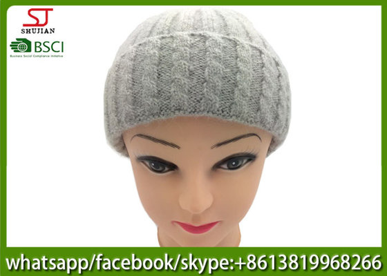 Chinese manufactuer knitting stripe beanie winter hats 45%cony hair 15%wool 40%Acrylic104g 20*21cm light grey best price