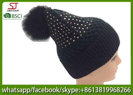 Chinese manufactuer free faux fur pompom knitting stripe hat  cap  patterns beanie 75g 18*24cm 100%Acrylic keep warm