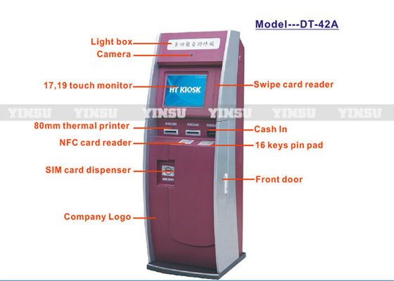 Cash accept DT-42A kiosk with bank card reader , thermal printer , SIM card dispenser