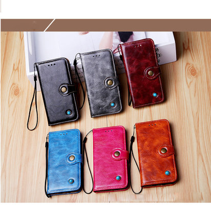 For iphone 8 Retro Cow Real Genuine Leather Wallet Credit Button Card kickstand Phone Case Cover with a lanyard