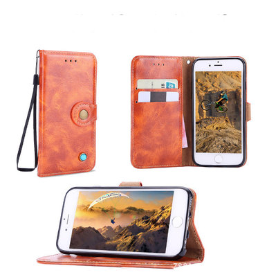 For iphone 8 Retro Cow Real Genuine Leather Wallet Credit Button Card kickstand Phone Case Cover with a lanyard