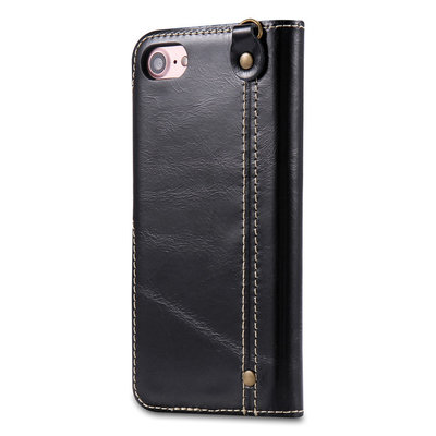 High Quality Cell phone accessories Genuine Leather wallet card leather case for iPhone 8 with a Lanyard