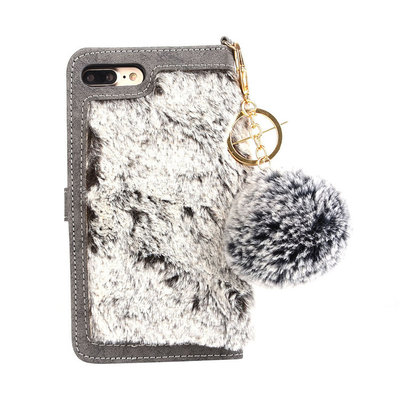 Flip Wallet Fur Leather Phone Case for iPhone 7Plus, For iPhone 8 Plus Fur Wallet Case