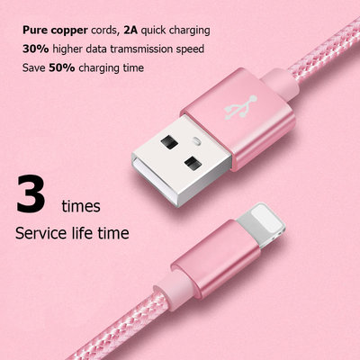 1.2M Rose gold nylon braided cable mobile phone 8 Pin Lightning USB Data charger cable for iphone  IOS