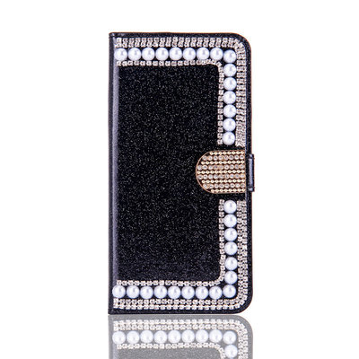 High Quality Pearl Design Diamond Stand Bling Crystal Leather Wallet Phone Case For iPhone 8/7