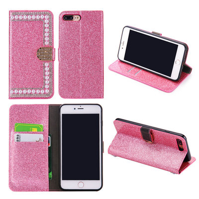 High Quality Pearl Design Diamond Stand Bling Crystal Leather Wallet Phone Case For iPhone 8/7