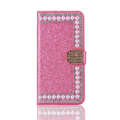 High Quality Pearl Design Diamond Stand Bling Crystal Leather Wallet Phone Case For iPhone 8/7