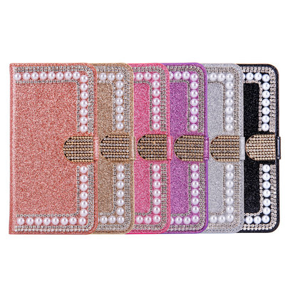 High Quality Pearl Design Diamond Stand Bling Crystal Leather Wallet Phone Case For iPhone 8/7
