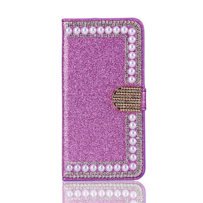 High Quality Pearl Design Diamond Stand Bling Crystal Leather Wallet Phone Case For iPhone 8/7