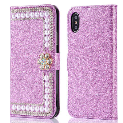 Luxury  Diamonds Cover Leather Wallet Case With Card Slot Bling Phone Case For iPhone X