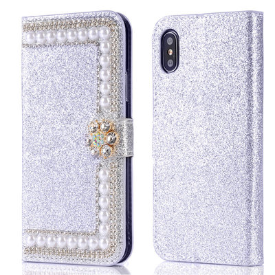Luxury  Diamonds Cover Leather Wallet Case With Card Slot Bling Phone Case For iPhone X