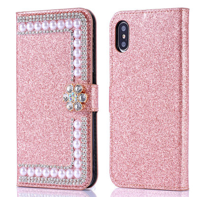 Luxury  Diamonds Cover Leather Wallet Case With Card Slot Bling Phone Case For iPhone X