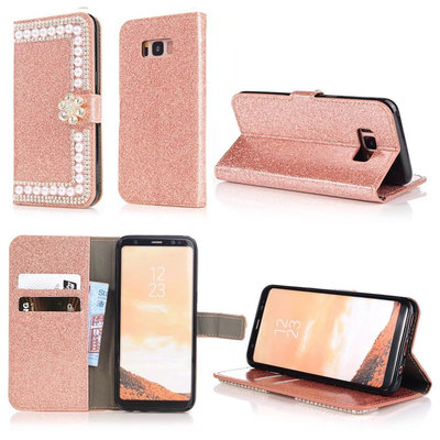 Book style shinny stand bling diamond leather wallet phone case for samsung s8 s8 plus