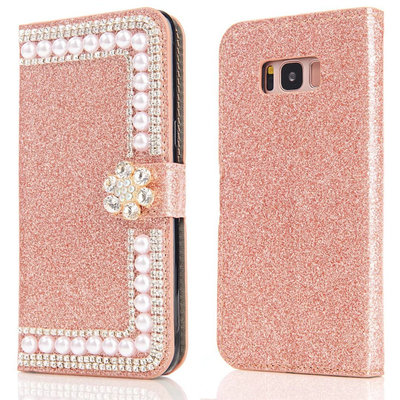 Book style shinny stand bling diamond leather wallet phone case for samsung s8 s8 plus