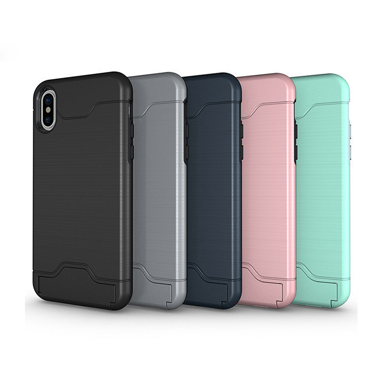China Factory Brushed Texture Protective Back Cover Case for iPhone X with Holder and Card Slot