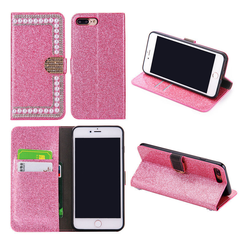 High Quality Pearl Design Diamond Stand Bling Crystal Leather Wallet Phone Case For iPhone 8/7