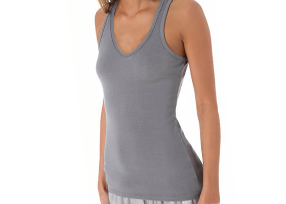 Les loisirs ont détendu le dessus de réservoir tricoté par style avec l'encolure de V, gris/blanc