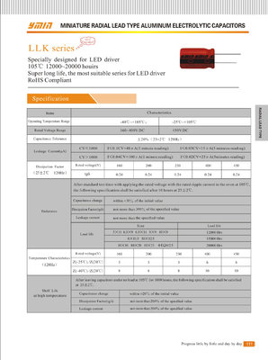 LLK Series 105°C 12,000 ~ 20,000 Hours Capacitor Radial Aluminum Electrolytic Capacitor for General Purpose RoHS