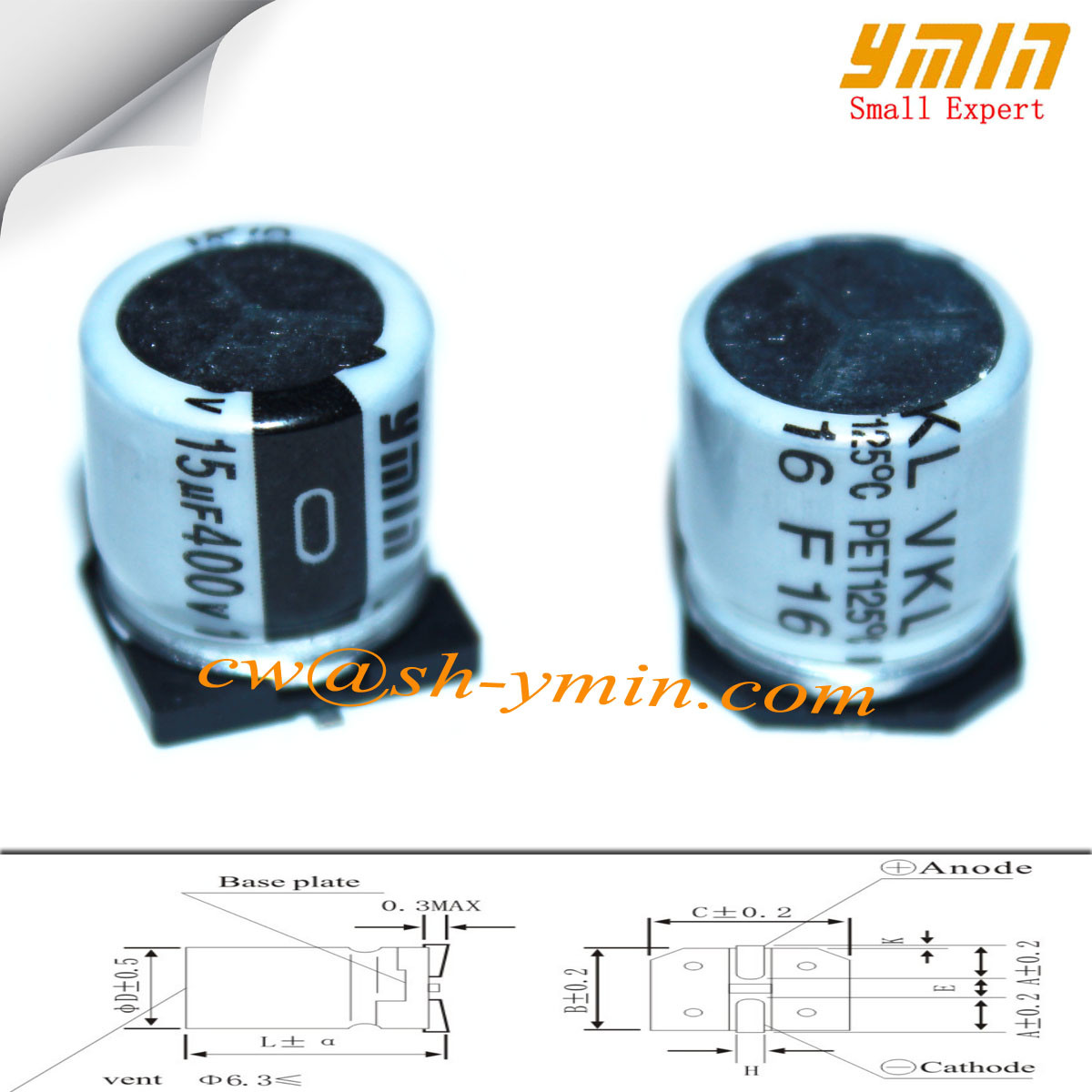 400V 15uF 12.5x16.5mm SMD Capacitors VKL Series 125°C 2,000 ~ 5,000 Hours SMD Aluminum Electrolytic Capacitor  RoHS