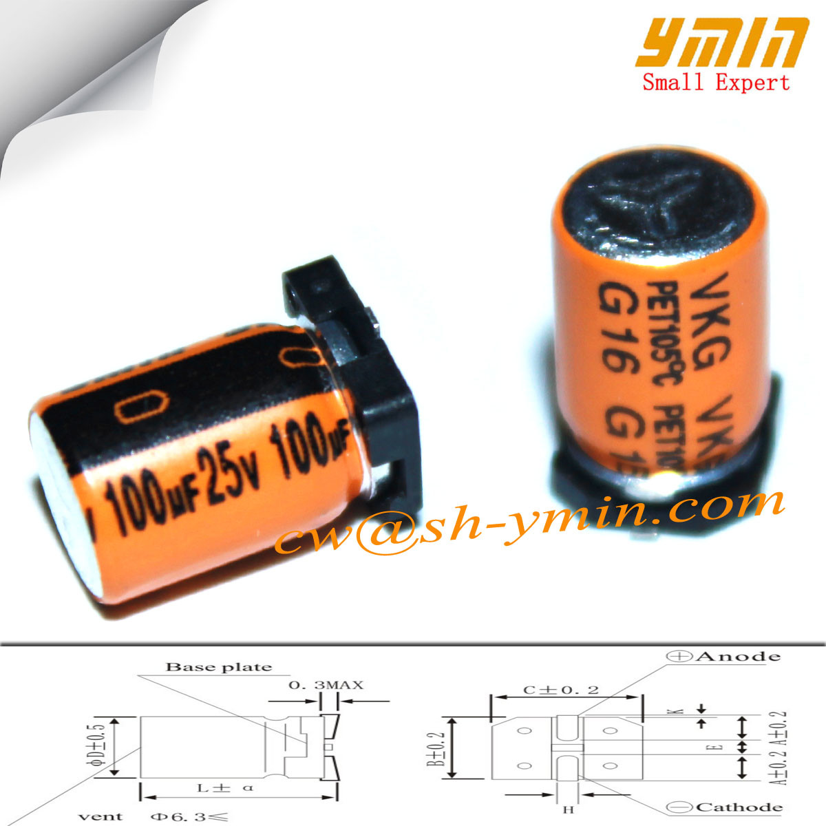 100uF 25V 6.3x10mm SMD Capacitors VKG Series 105°C 8,000 ~ 12,000 Hours SMD Aluminum Electrolytic Capacitor  RoHS