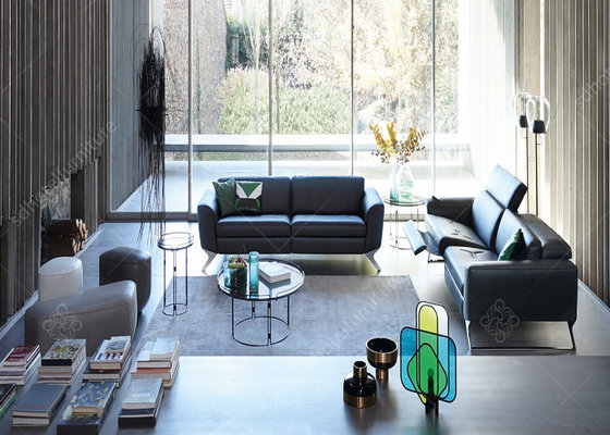 Hotel Lobby Stainless Steel Sofa And Chair Set , Black Modern Sectional Leather Sofas