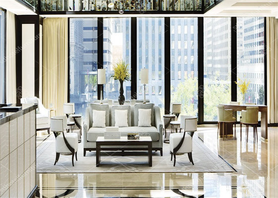 Wood Fabric Reception Modern Lobby Furniture , New Style Unique Hotel Lobby Sofa
