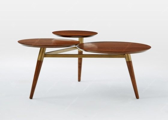Oak / Walnut  Beech Hotel Coffee Table Solid Wood Legs With Golden Stainless Steel Decoration