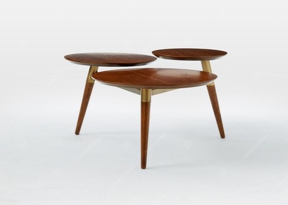 Oak / Walnut  Beech Hotel Coffee Table Solid Wood Legs With Golden Stainless Steel Decoration