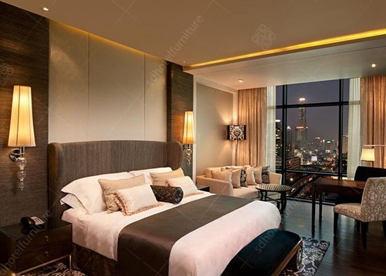 Hotel Furniture High Gloss Wooden + MDF / Plywood King Size Bed