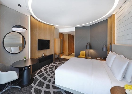 Luxury 4 Star Hotel Bedroom Furniture King / Queen Size Bed With Veneer PU Leather Wall Panel