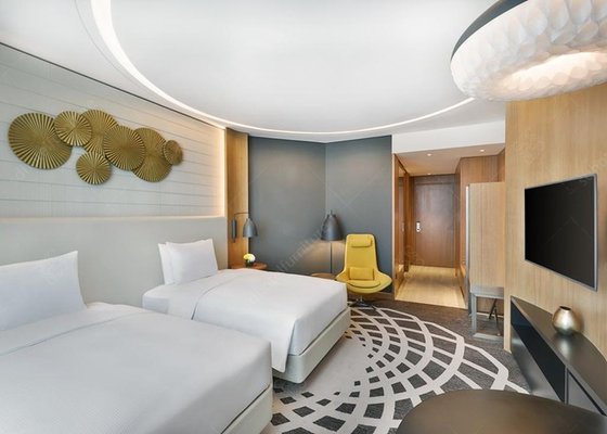 Luxury 4 Star Hotel Bedroom Furniture King / Queen Size Bed With Veneer PU Leather Wall Panel