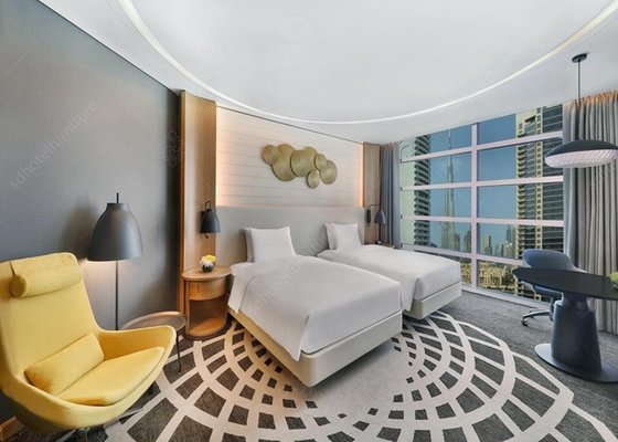 Luxury 4 Star Hotel Bedroom Furniture King / Queen Size Bed With Veneer PU Leather Wall Panel