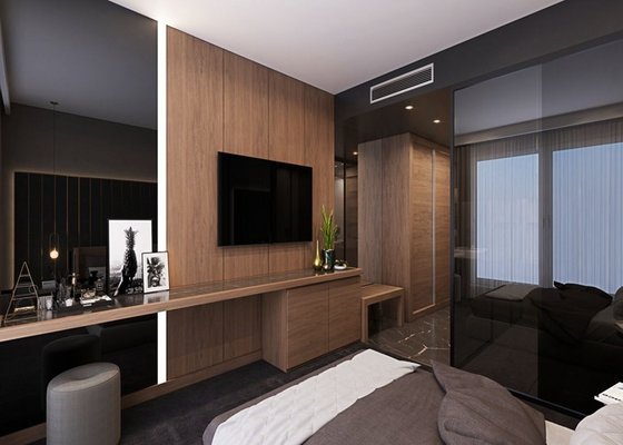 Fashion Holiday Inn Bedroom Furniture Set HPL Laminate Material Walnut