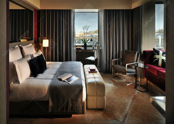 Luxury Hotel Double Guest Room Furniture With Leather Sofa Customized Size