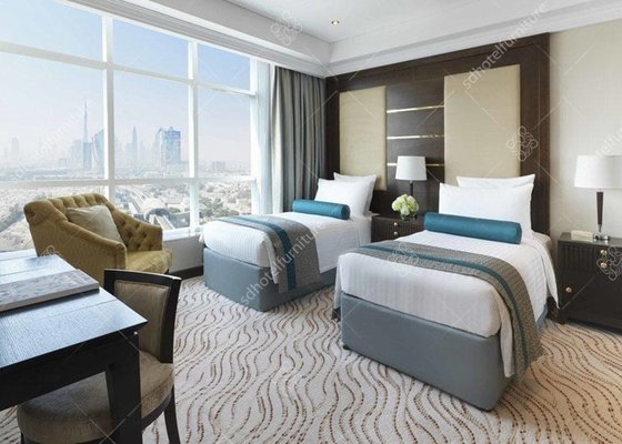 Customized Plywood Solid Wood Hotel Room Furniture / Twin Bedroom Sets