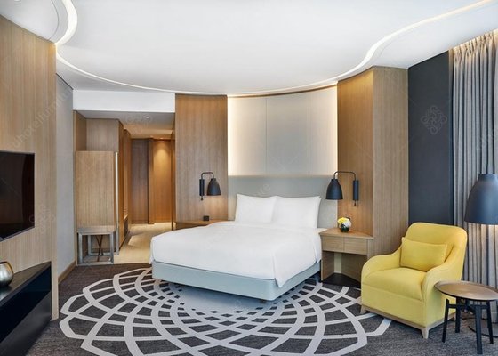 Luxury 4 Star Hotel Bedroom Furniture King / Queen Size Bed With Veneer PU Leather Wall Panel