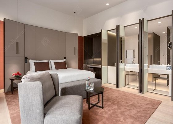 Customized Modern Hotel Bedroom Furniture With Fixed Furniture MDF Material