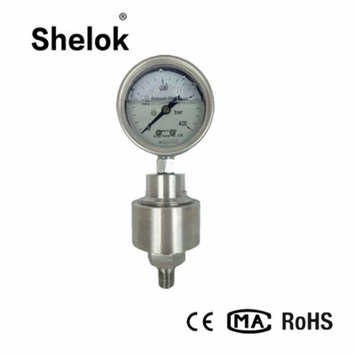 Stainless steel glycerine or silicone oil filled diaphragm seal pressure gauge with one piece welding isolator