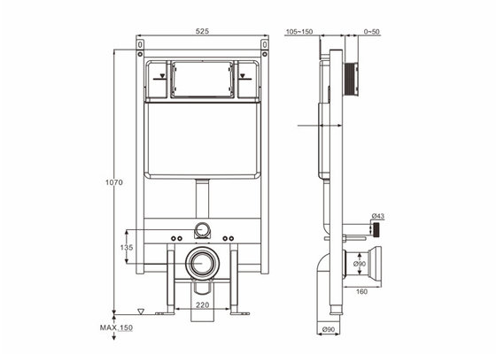 Modern Concealed Toilet Cistern , P-trap Wall Hung Toilet Cistern KDR-011T