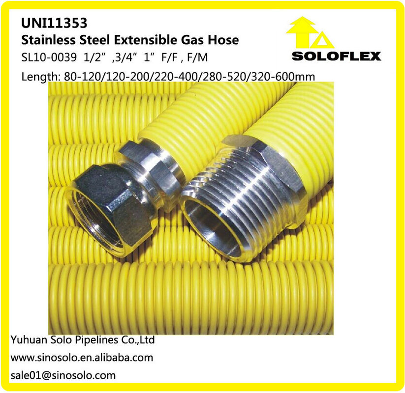Stainless Steel Corrugated Extensible Hose for Gas 1/2“,3/4",1" ,Yellow Coated