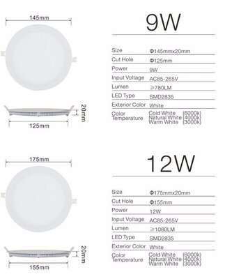 Ultra slim 3-24W LED ceiling recessed round led panel light panel led