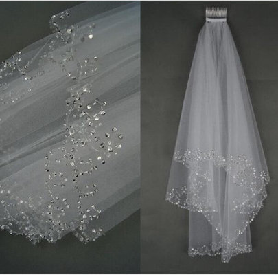 China Bridal veil, wedding dress, dress accessories, 2 layers of handmade beads, hook styling bridal veil wholesale supplier