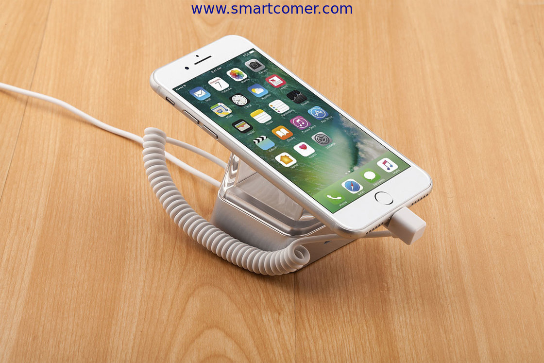 COMER security cellular phone desktop mounting acrylic brackets for retail stores with charging cord and alarm function
