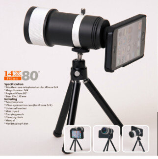 Black Aluminiumc 14X Optical Zoom Mobile Telescope Lens , Angle View 80 Degree