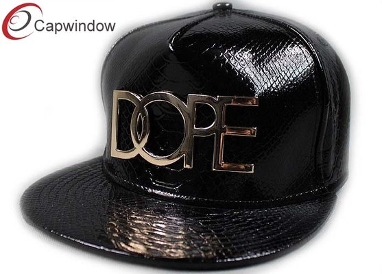 Black Snake Skin Shiny Leather Hip Hop Baseball Caps With Gold Metal Logo