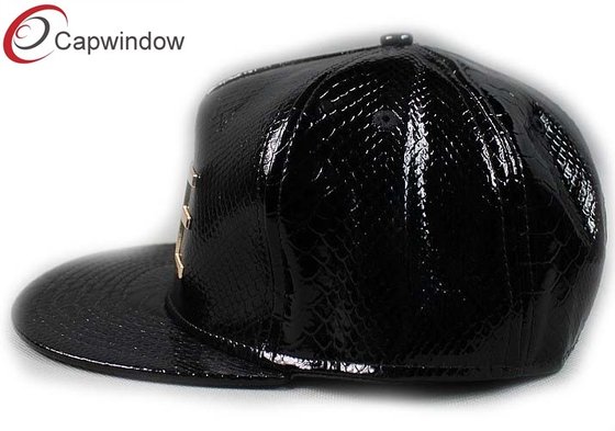 Black Snake Skin Shiny Leather Hip Hop Baseball Caps With Gold Metal Logo