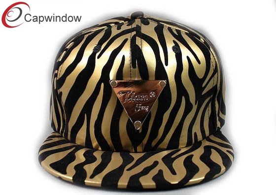 Gold Zebra 5 Panel Flat Brim Baseball Hats With Gold Matel Logo