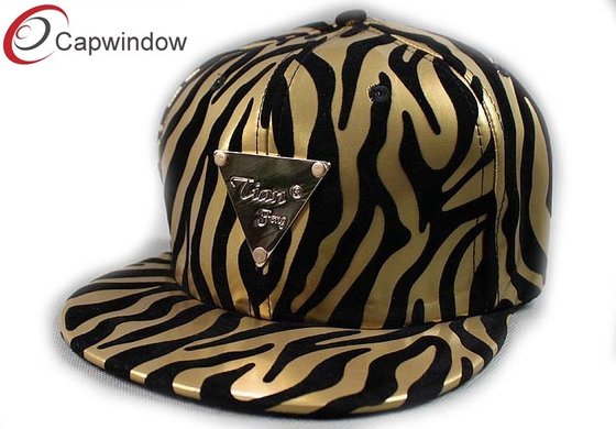 Gold Zebra 5 Panel Flat Brim Baseball Hats With Gold Matel Logo