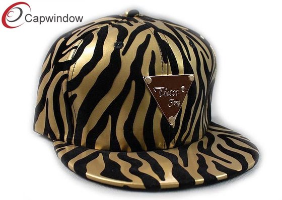 Gold Zebra 5 Panel Flat Brim Baseball Hats With Gold Matel Logo